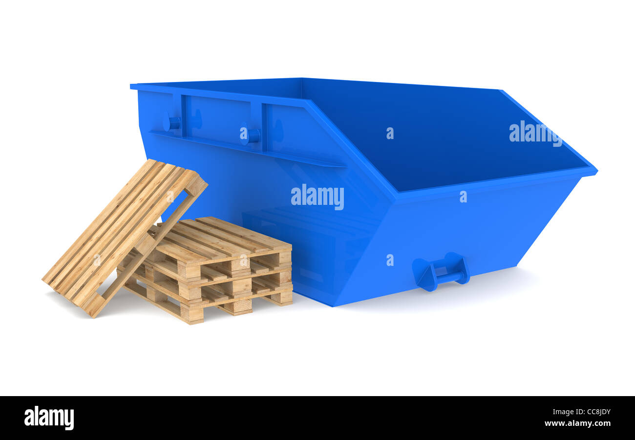 Blue Skip with a pile of pallets Stock Photo - Alamy