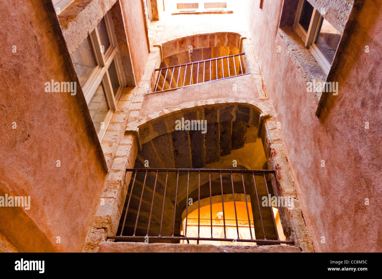 Inner staircase at the Long Traboule (passageway) in old town Vieux ...