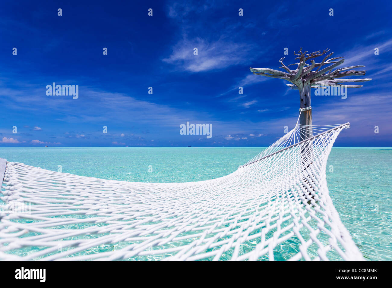 Empty over-water hammock in the middle of exotic tropical lagoon Stock ...