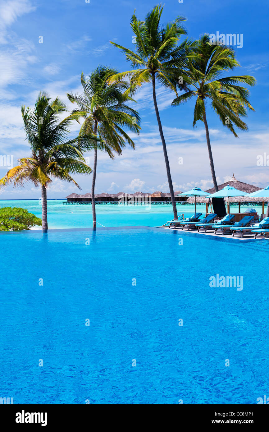 Infinity pool with umbrellas and palm trees over blue lagoon Stock ...