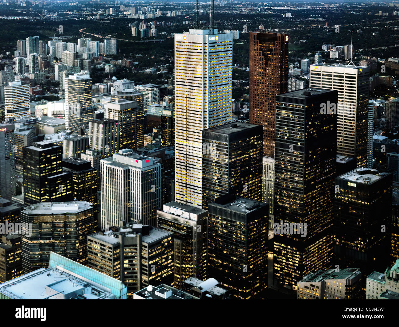 Aerial view of the city of Toronto downtown towers at dusk, Ontario ...