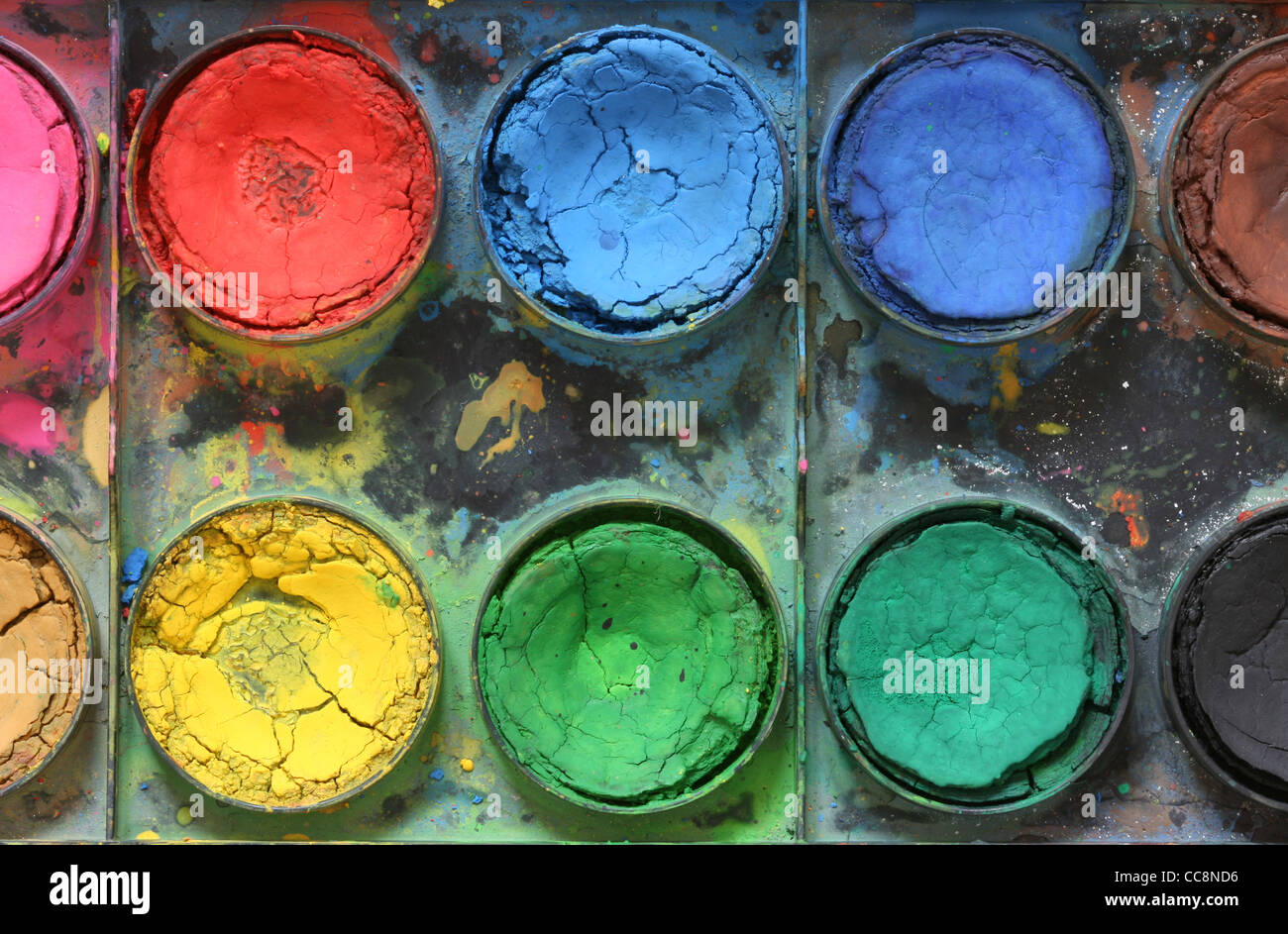 Very old used water color paint box top down view Stock Photo - Alamy
