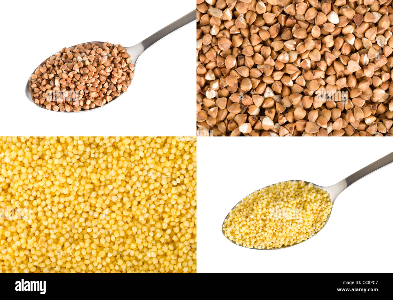Collage made of buckwheat and millet in a spoon Stock Photo - Alamy