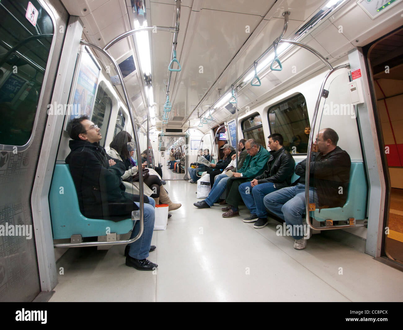 Passengers on a subway train on the underground in Istanbul Turkey ...