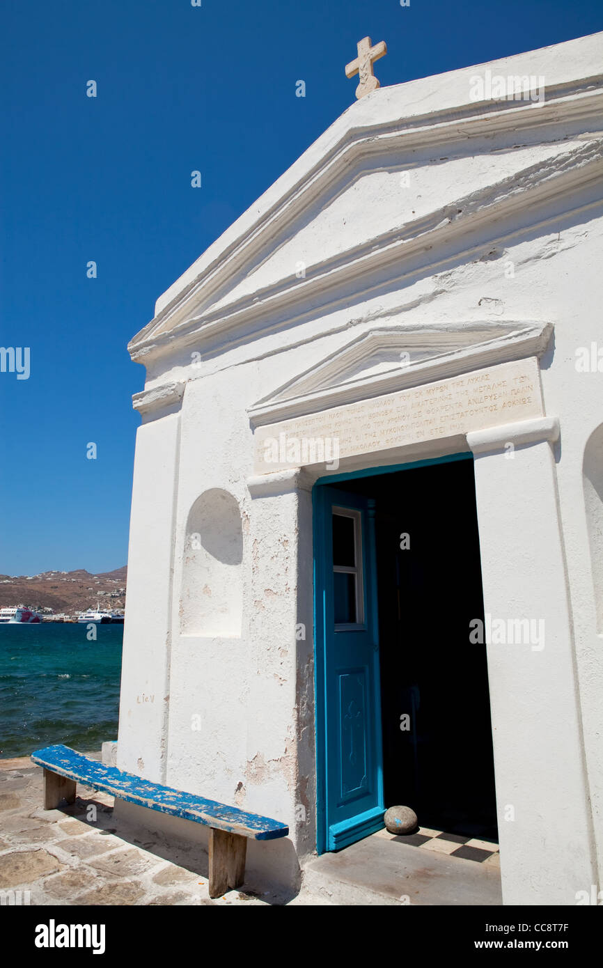 White church on the pier in Mykonos, Greece Stock Photo - Alamy