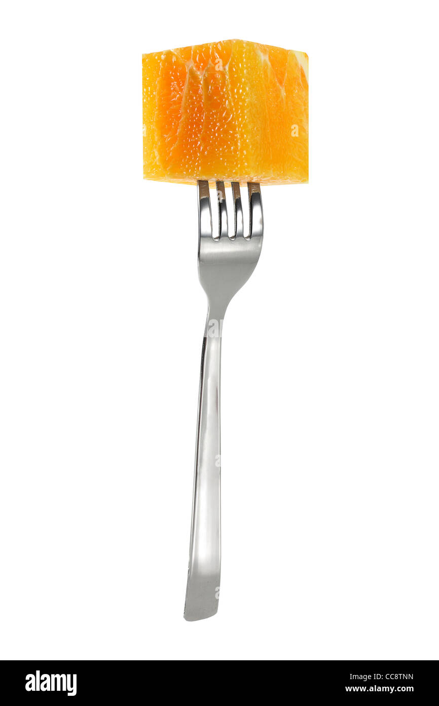Fork with Piece of Orange Cube Stock Photo - Alamy