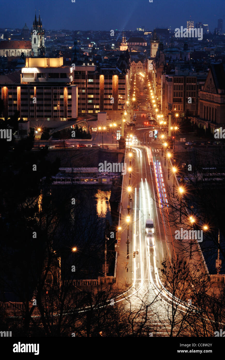 View across cechuv bridge and Parizska. Staromestske Namesti and Tyn ...