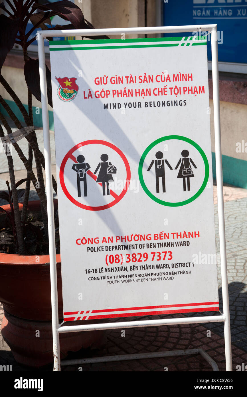 Theft or Crime warning Sign Bến Thành Market Ho Chi Minh City Vietnam ...