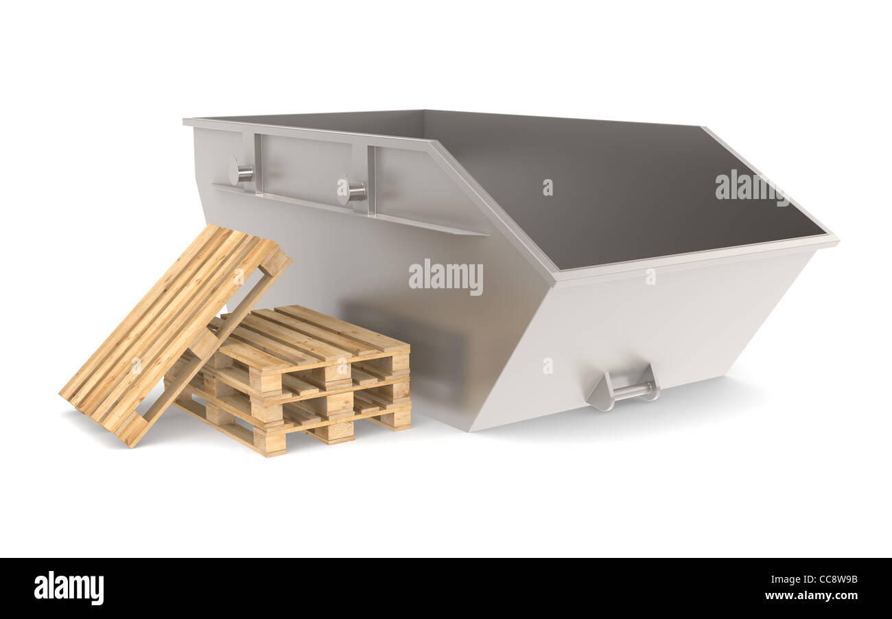 Steel Skip with a pile of pallets. Part of warehouse and logistics ...