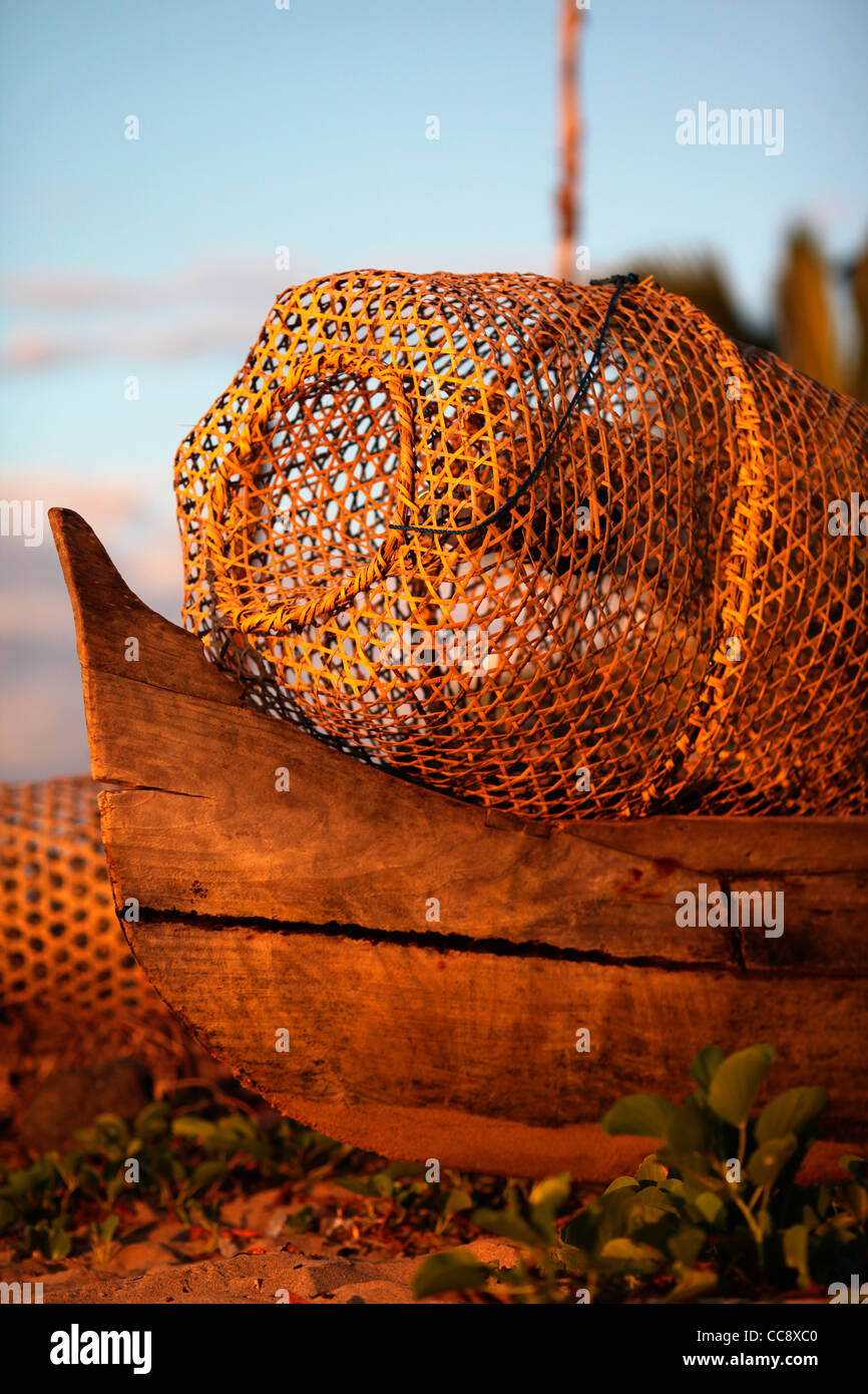 A beached outrigger dugout canoe, or pirogue, and a vime fishing trap ...