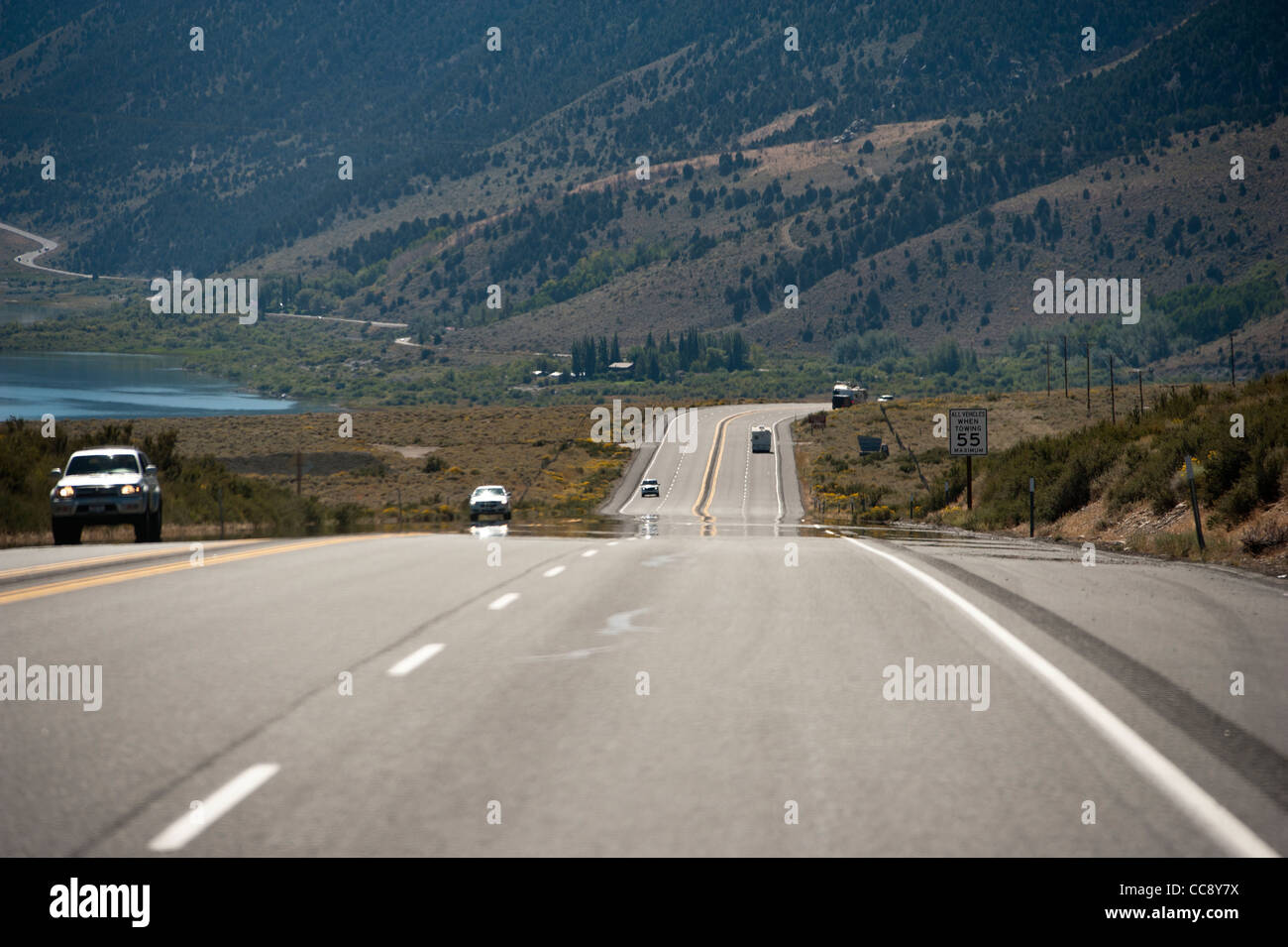 Driving along Highway 395 by Mono Lake, California. USA Stock Photo - Alamy