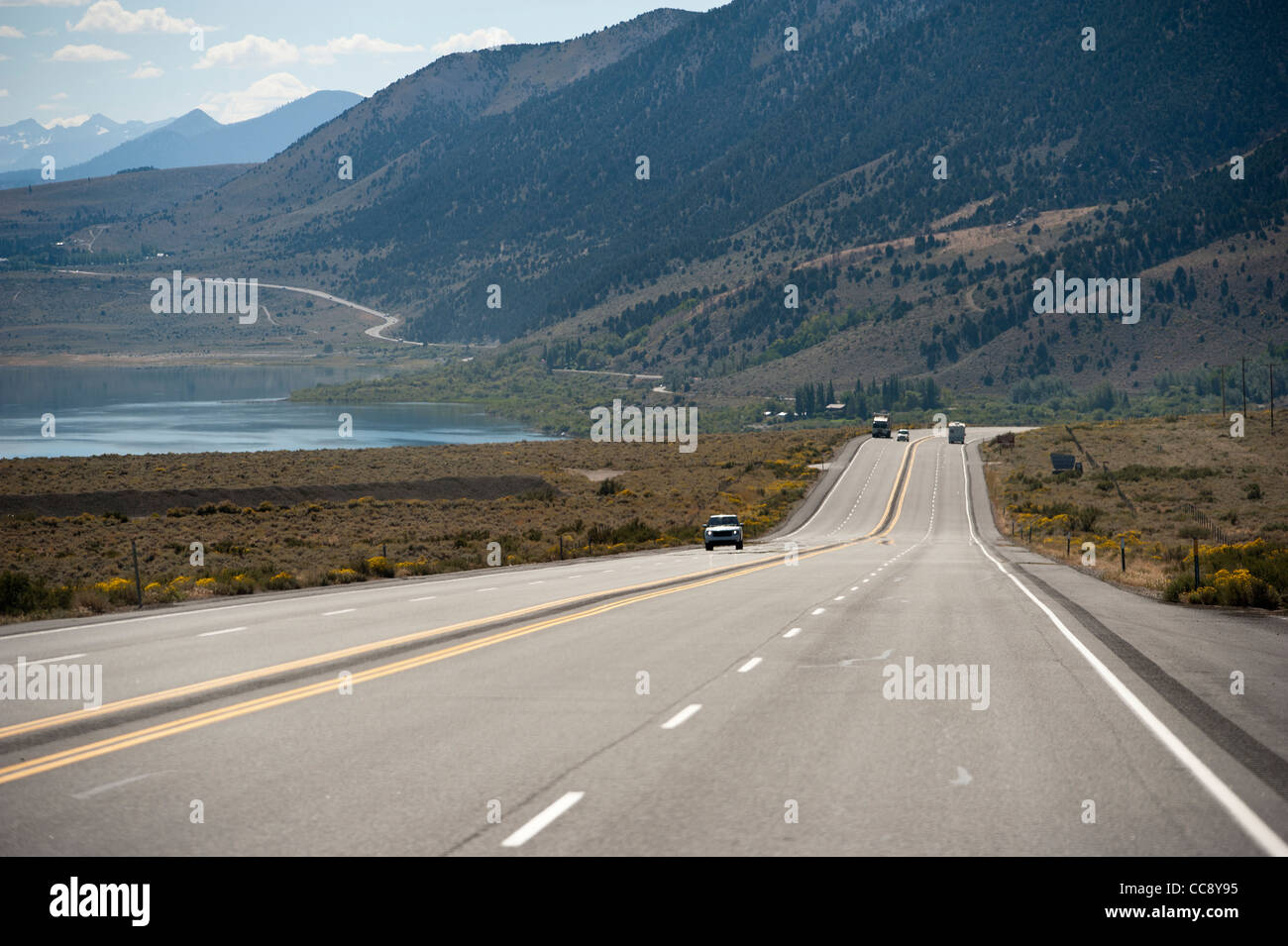 Driving along Highway 395 by Mono Lake, California. USA Stock Photo - Alamy
