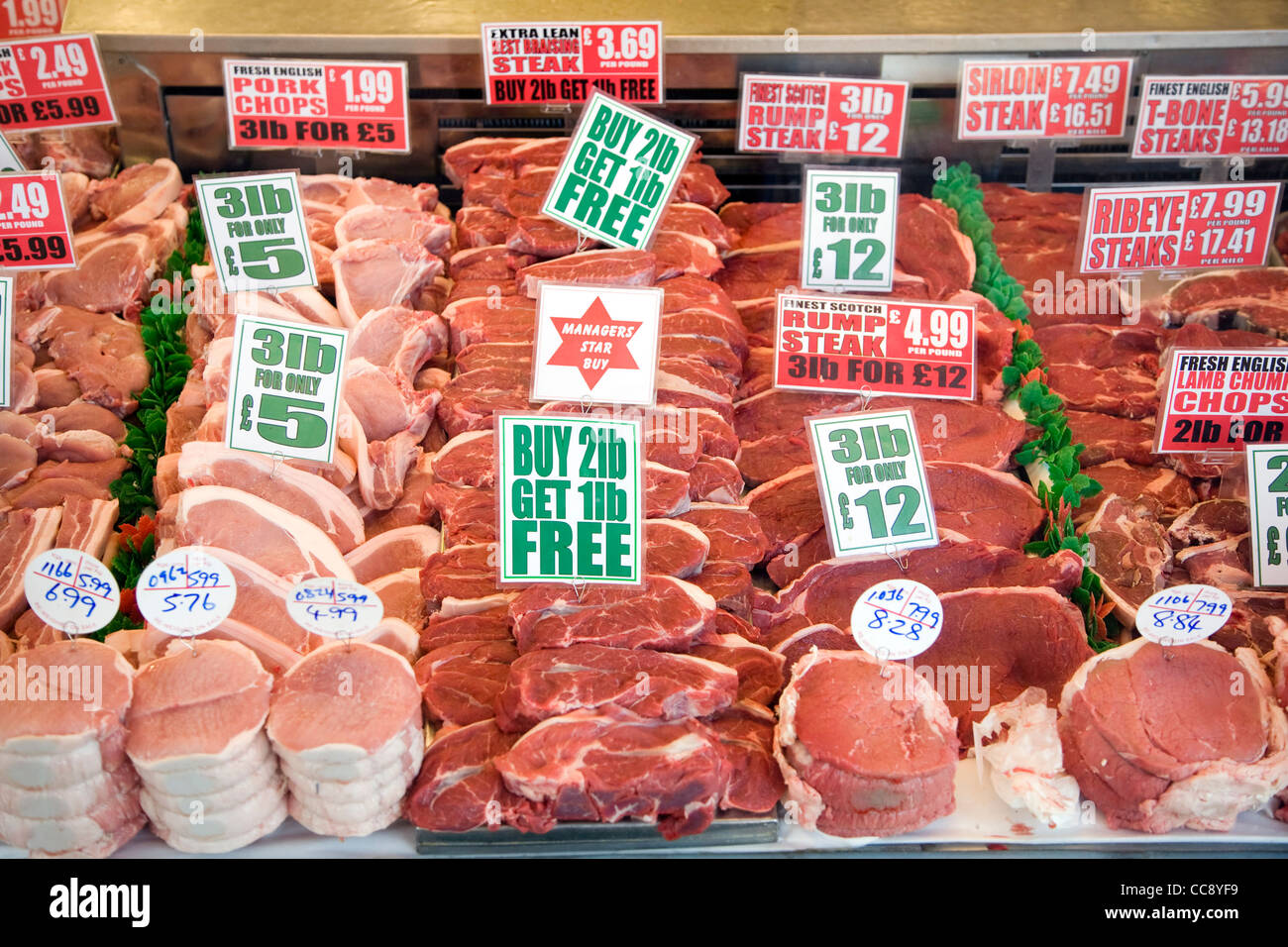 Cuts of meat displayed butcher shop window Stock Photo - Alamy