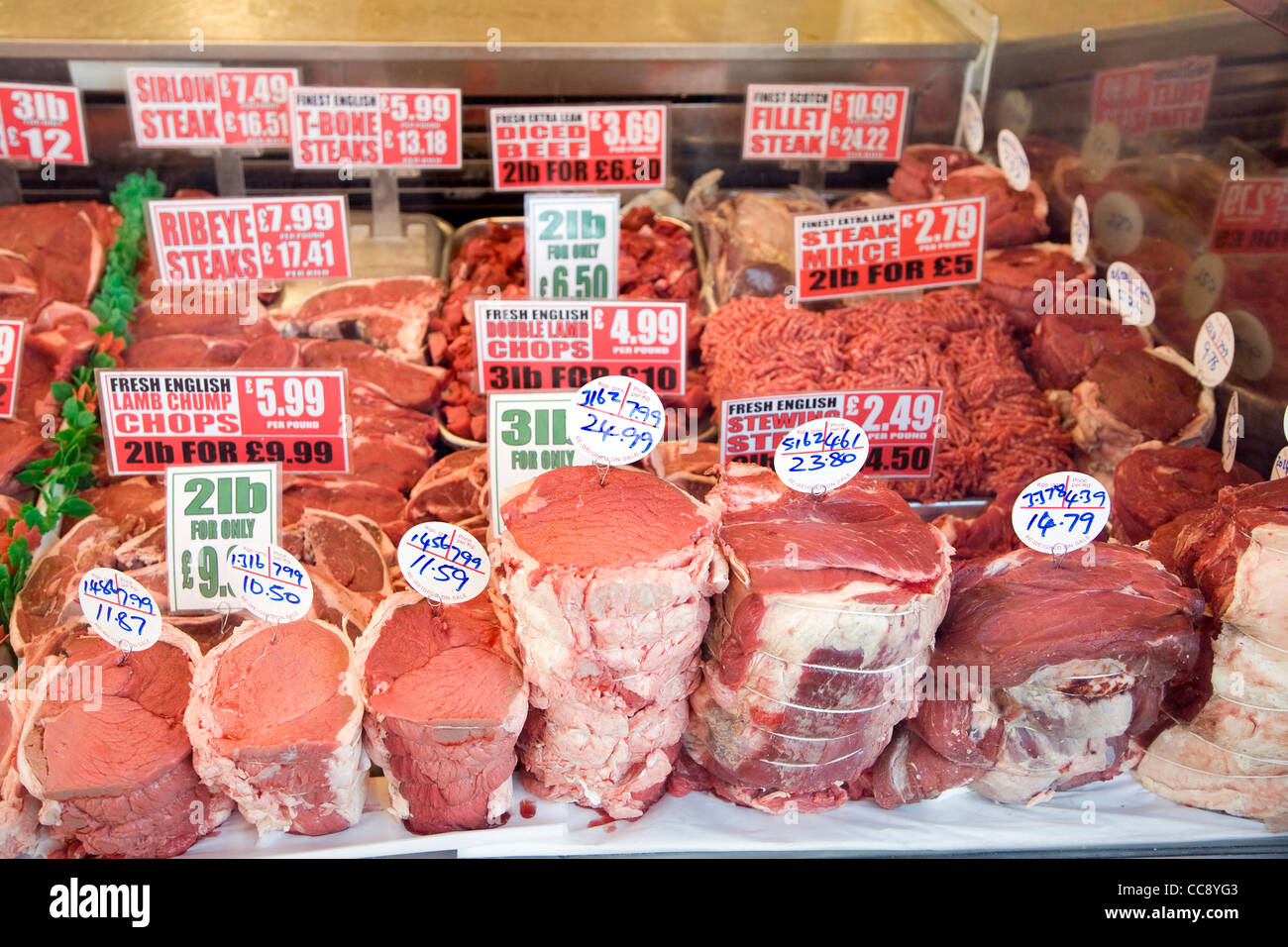 Cuts of meat displayed butcher shop window Stock Photo - Alamy
