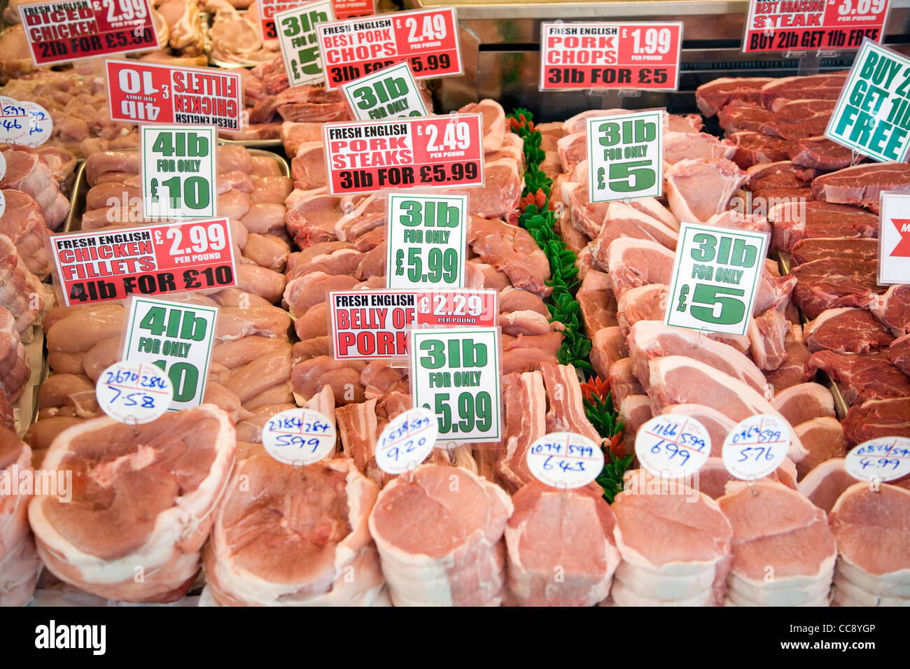 Cuts of meat displayed butcher shop window Stock Photo - Alamy