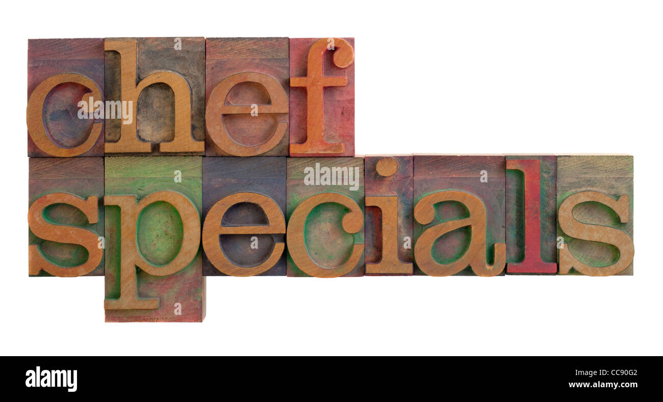 chef specials words in vintage wooden letterpress type blocks, stained ...