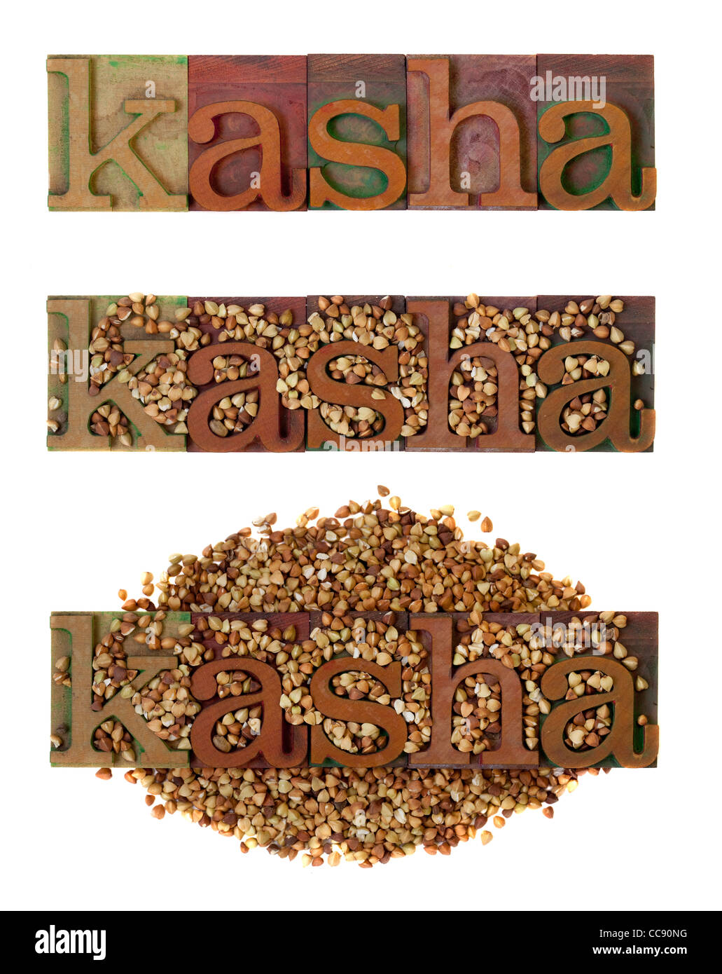 kasha word combined with roasted buckwheat grain, three layouts in ...