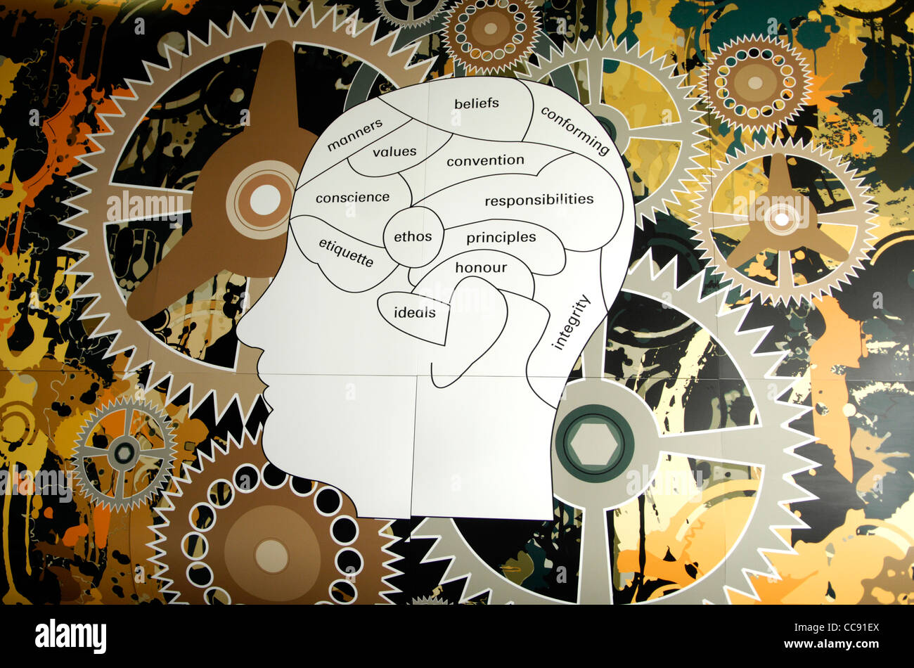 Graphic depiction of the human mind against a backdrop of gears and ...