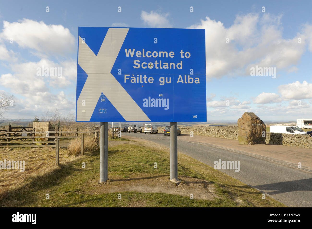 The Welcome to Scotland sign at the border between Scotland and England ...