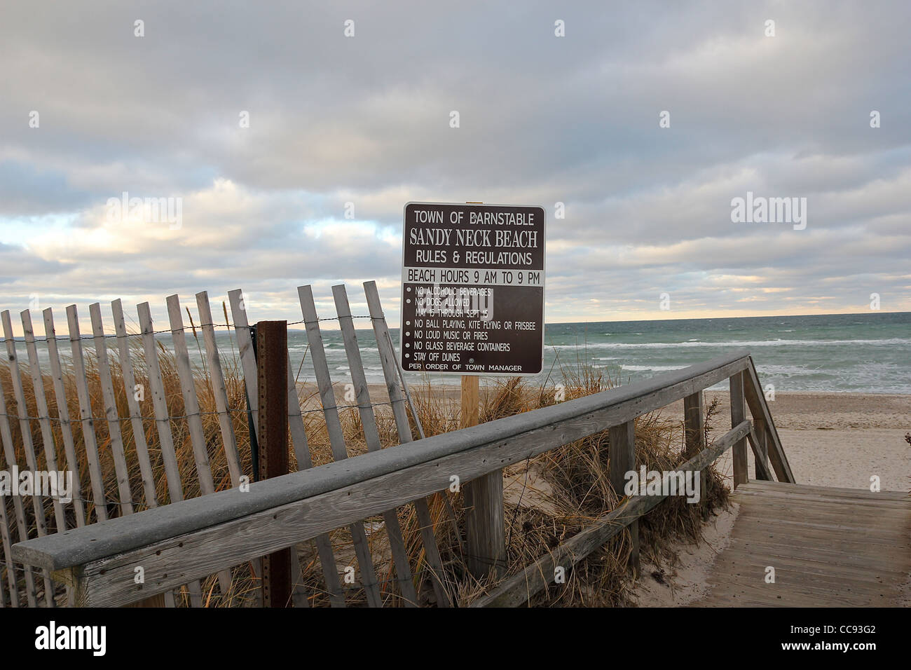 Sign and walkway leading to Sandy Neck Beach in the town of Sandwich ...