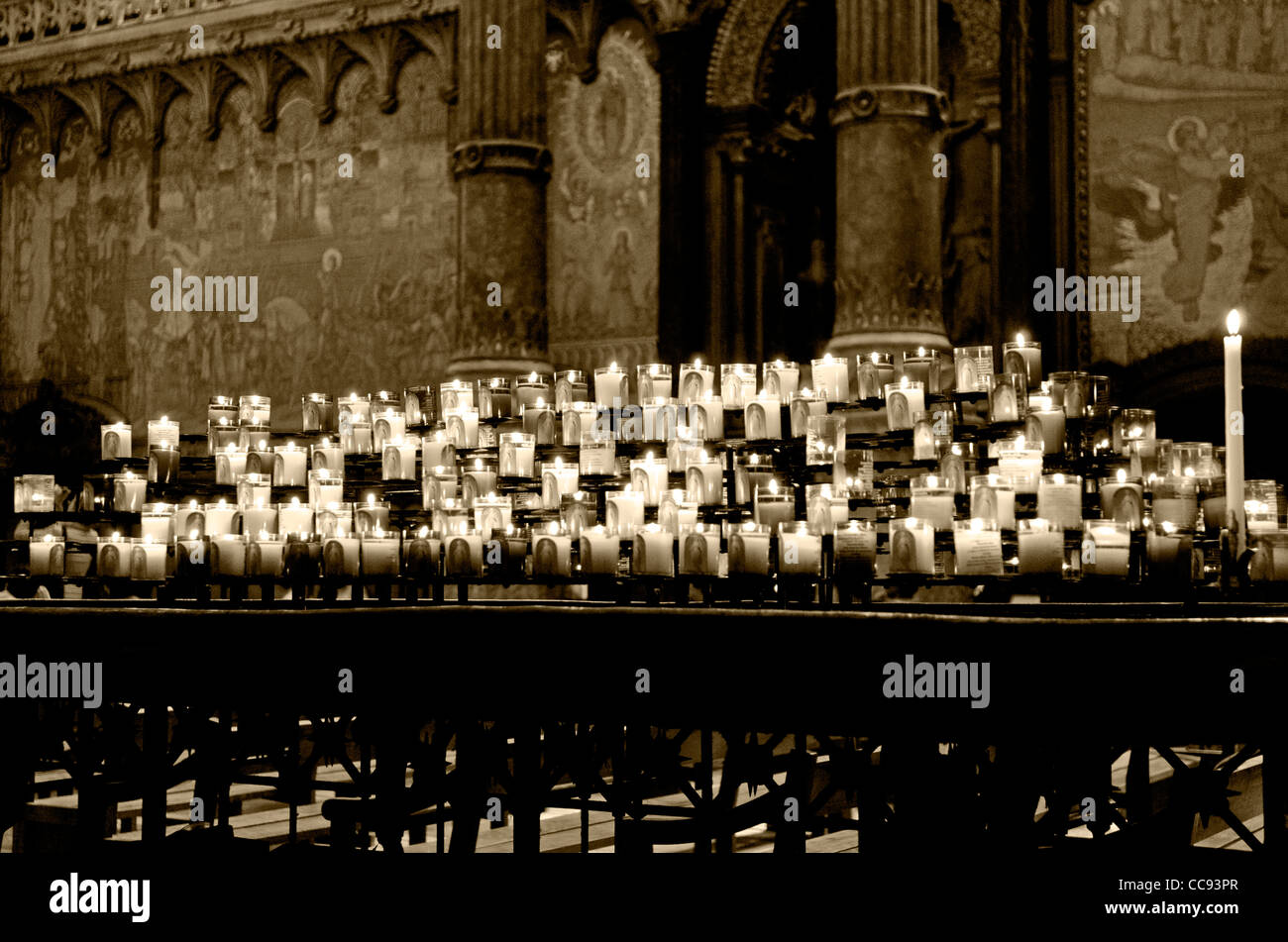 Prayer candles in the Fourvière Basilica in old town Vieux Lyon, France ...
