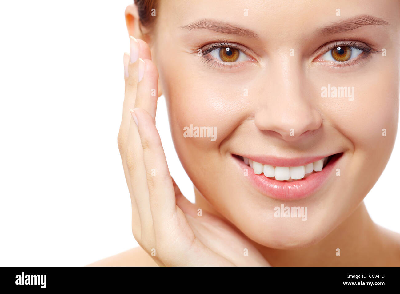 Fresh woman looking at camera over white background Stock Photo - Alamy