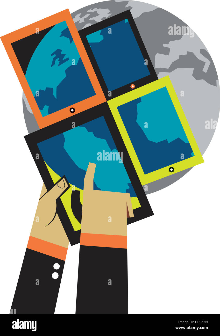 Using hand held devices to look at a map of the world Stock Photo - Alamy