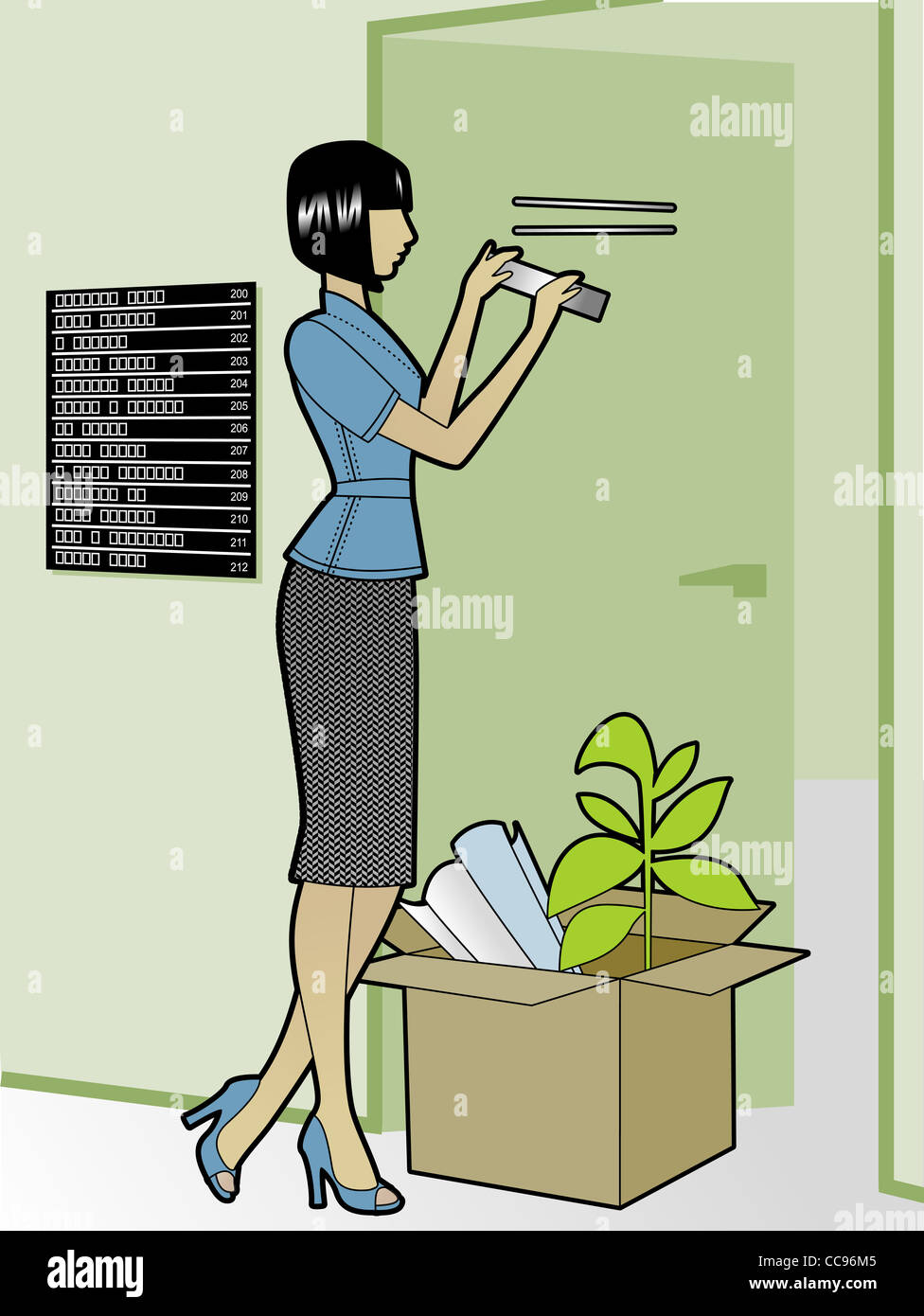 A woman taking down the name plate on her door Stock Photo - Alamy