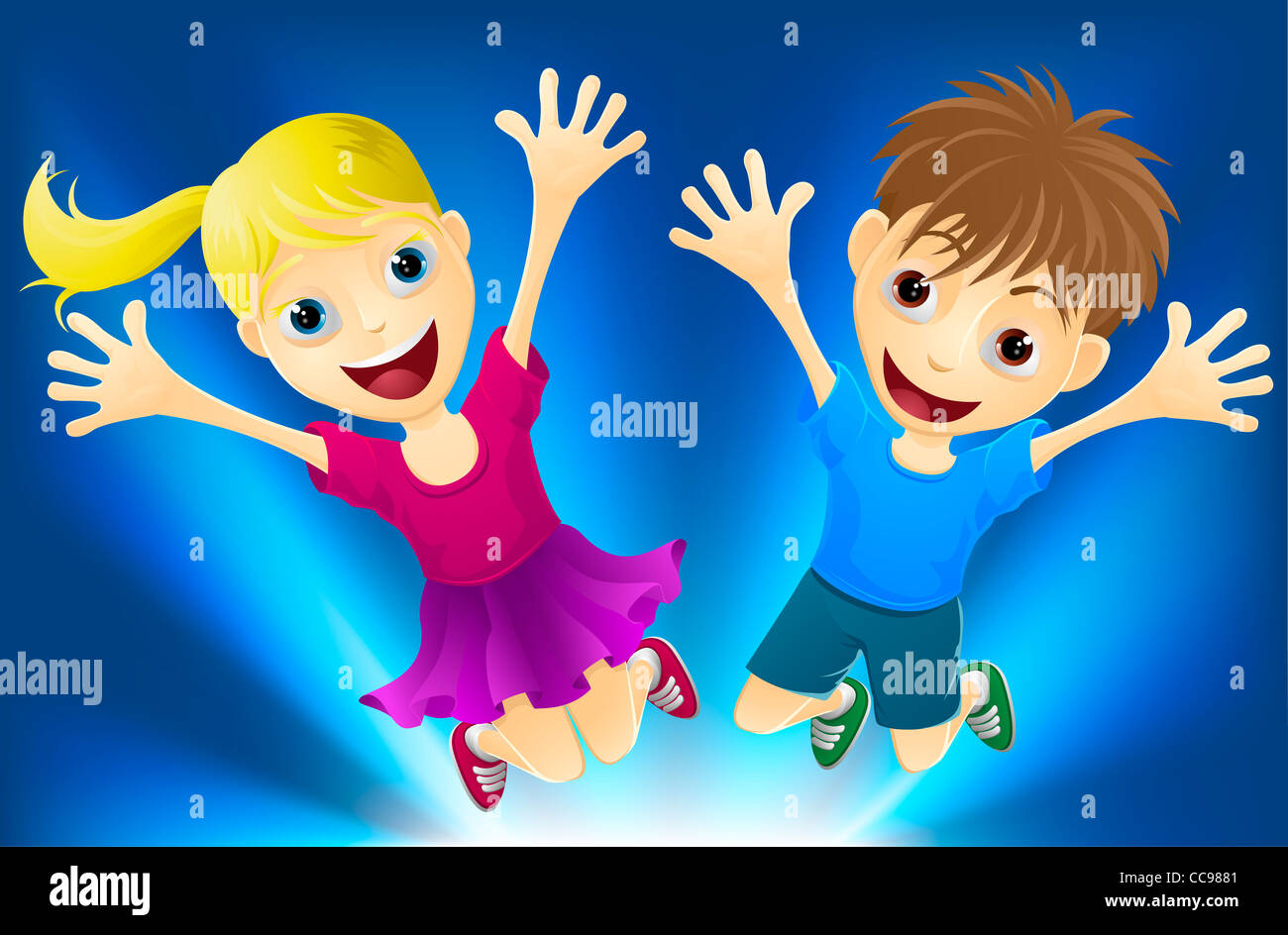 Illustration of a happy boy and girl jumping for joy Stock Photo - Alamy