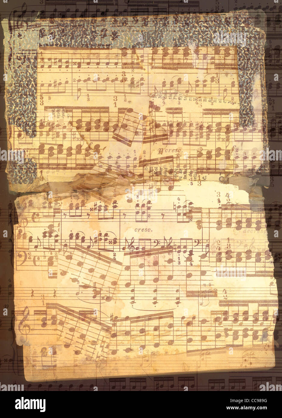 mixed old and grungy paper and music notes background Stock Photo - Alamy
