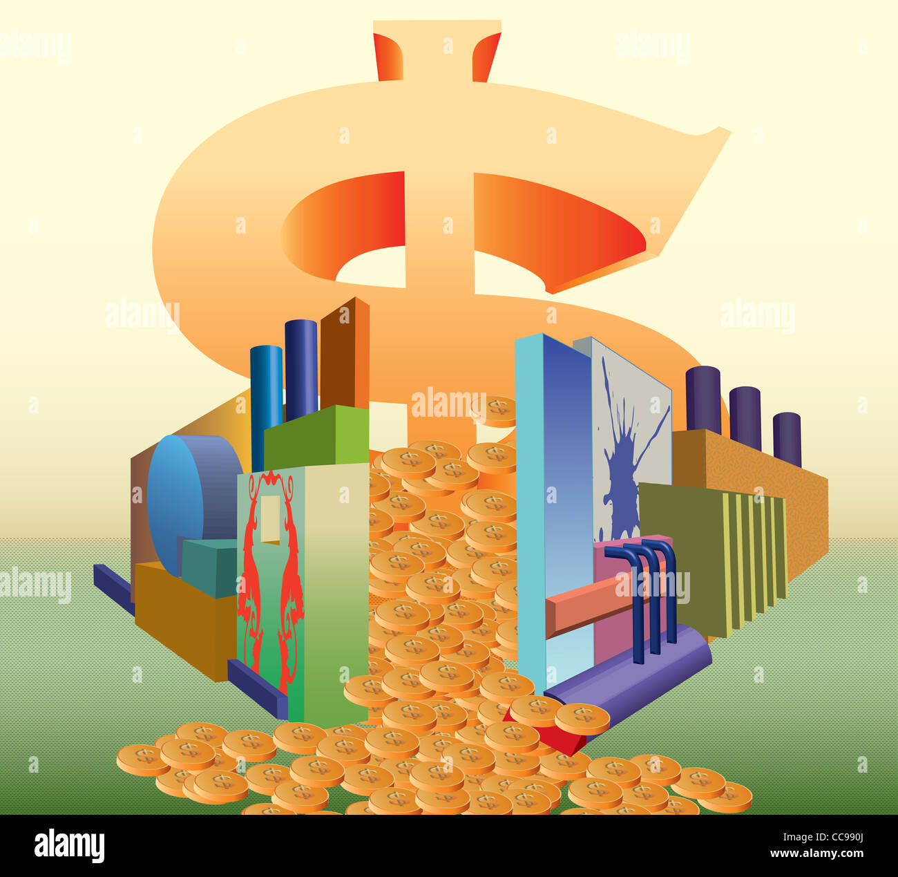 A giant dollar sign and gold coins spilling out of a room Stock Photo ...