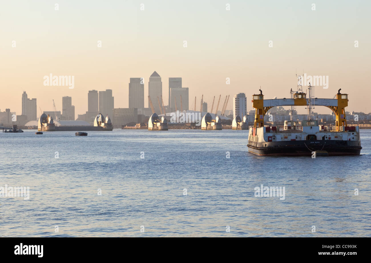 The Woolwich Free Ferry, the Thames Barrier with O2 Arena and Canary ...