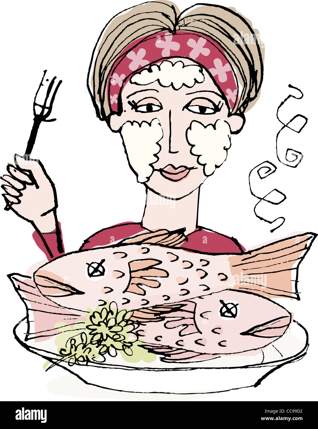 A woman wearing a face mask and serving fish Stock Photo - Alamy