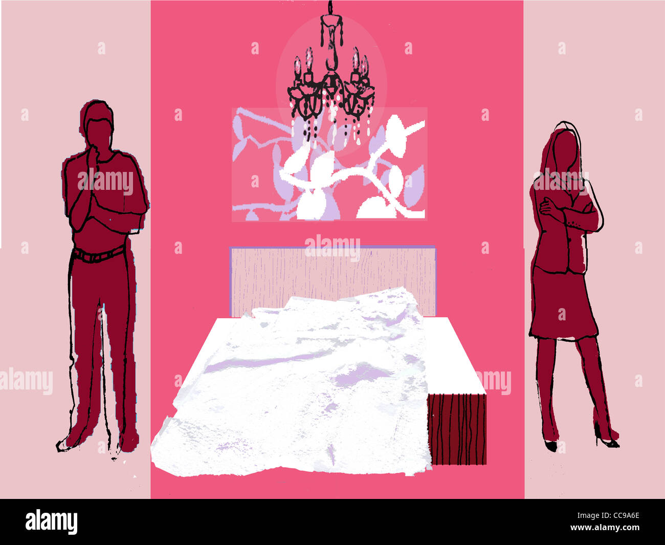 A couple standing on opposite sides of their bed Stock Photo - Alamy