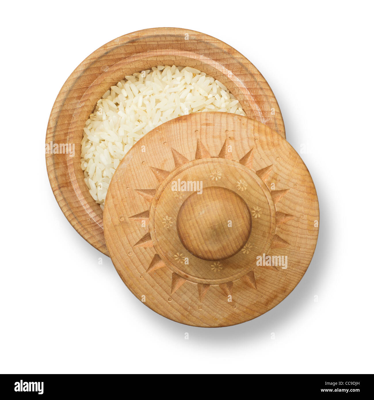 Rice in wood plate with shadow isolated on white background Stock Photo ...