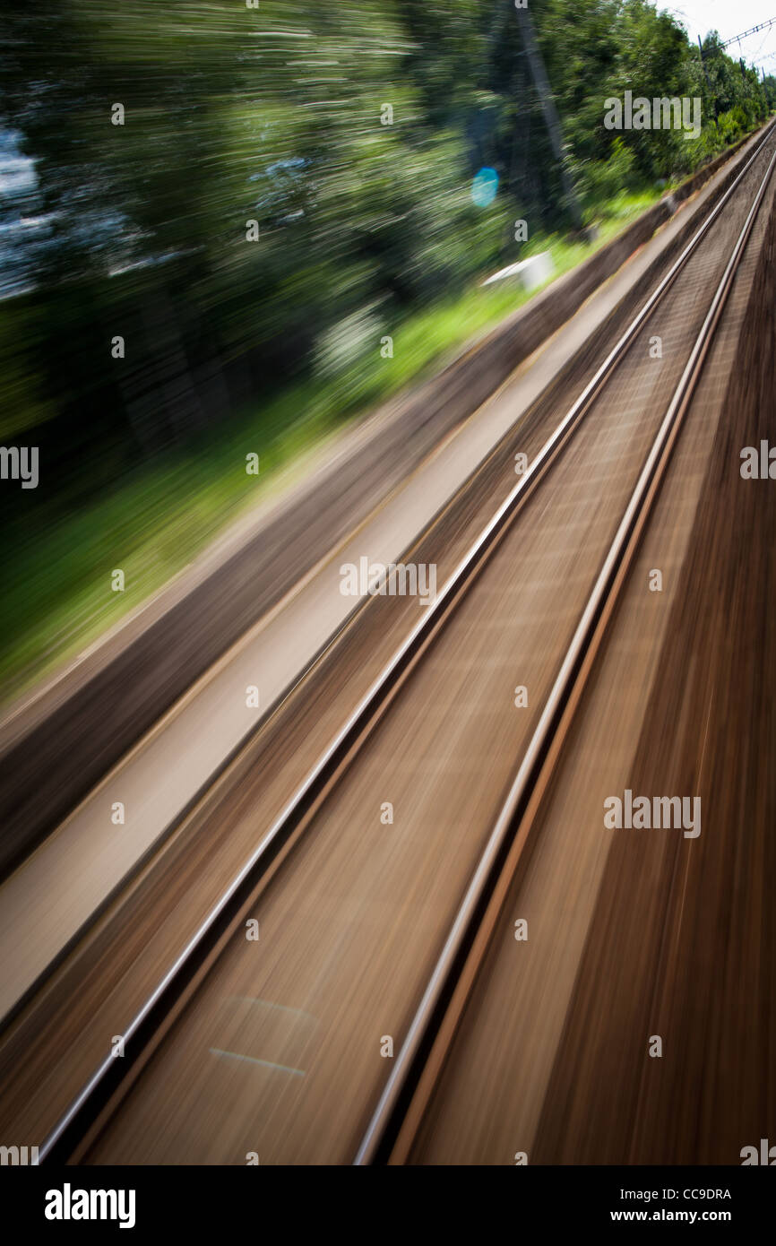 Railroad seen from a fast moving train. (motion blurred image; color ...