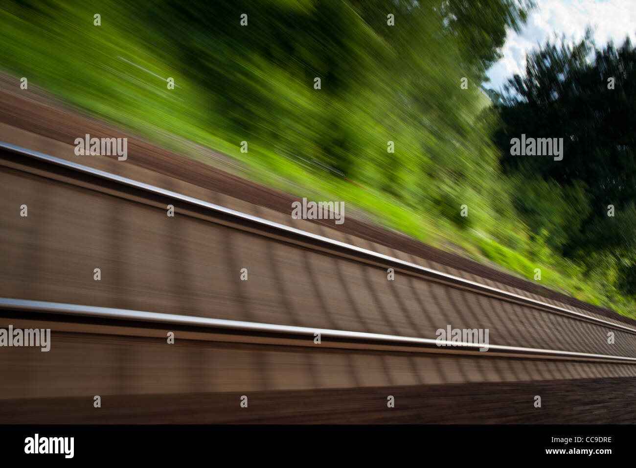 Railroad seen from a fast moving train. (motion blurred image; color ...