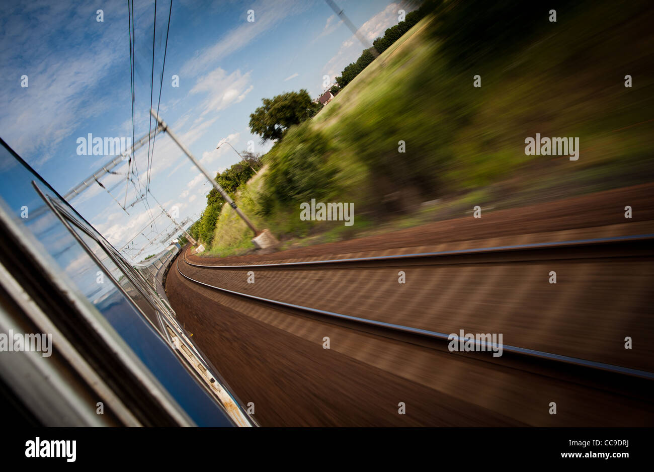 Railroad seen from a fast moving train. (motion blurred image; color ...