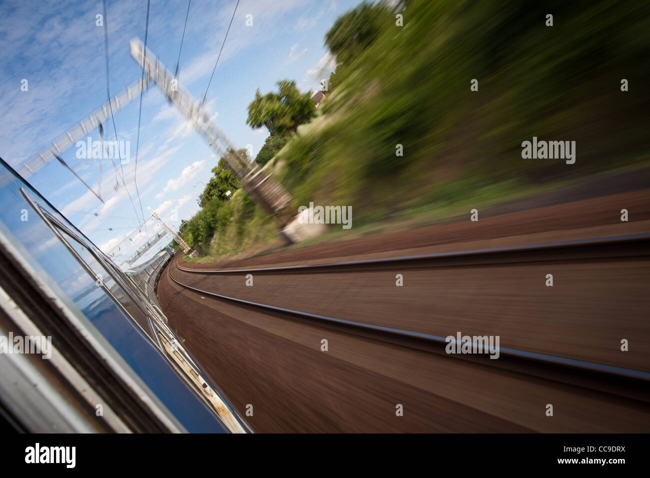 Railroad seen from a fast moving train. (motion blurred image; color ...