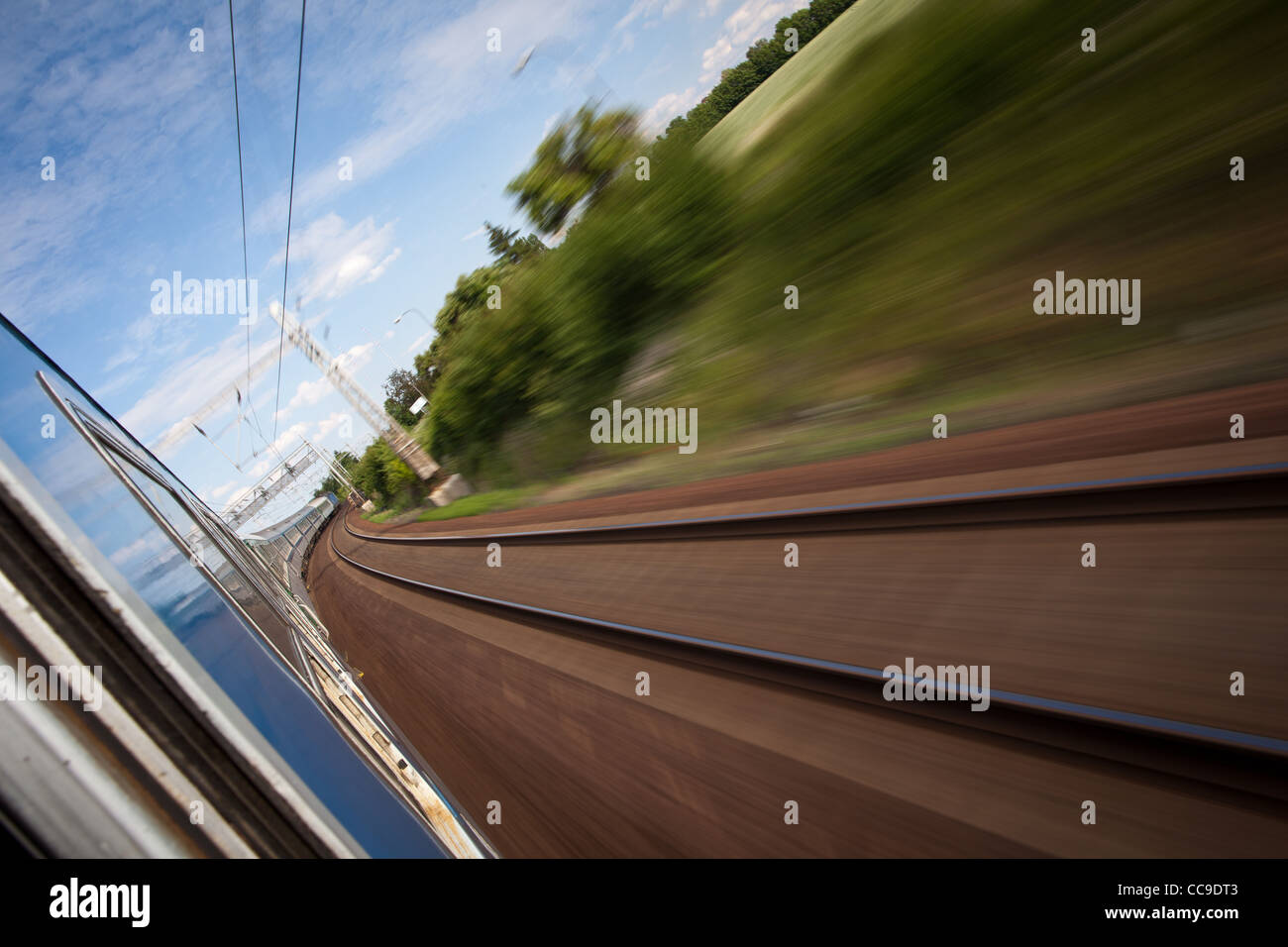 Railroad seen from a fast moving train. (motion blurred image; color ...