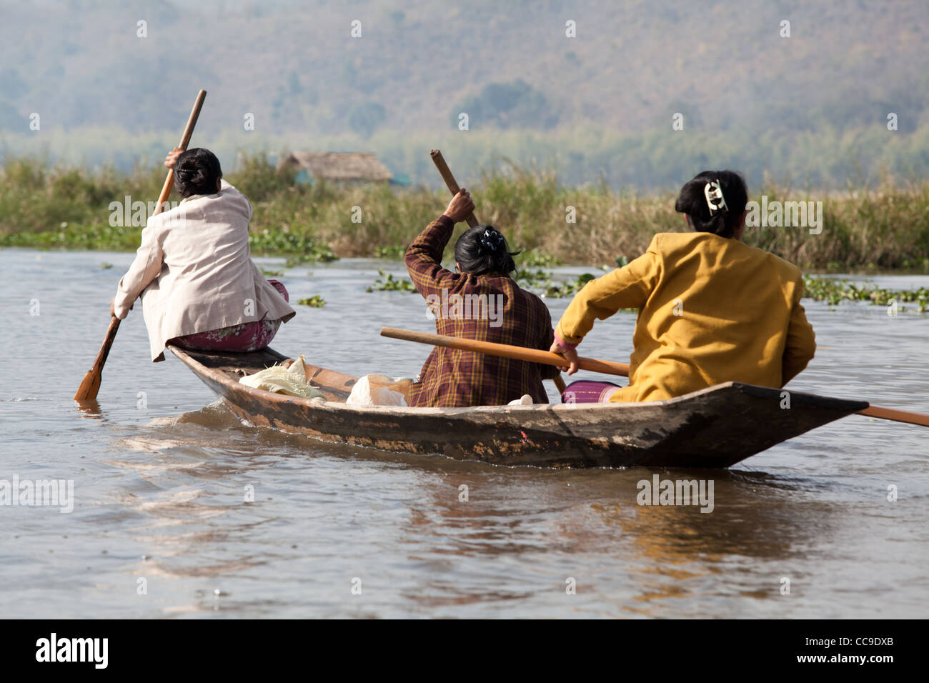 Tribal people on Inle lake are daily paddling their floating boats from ...