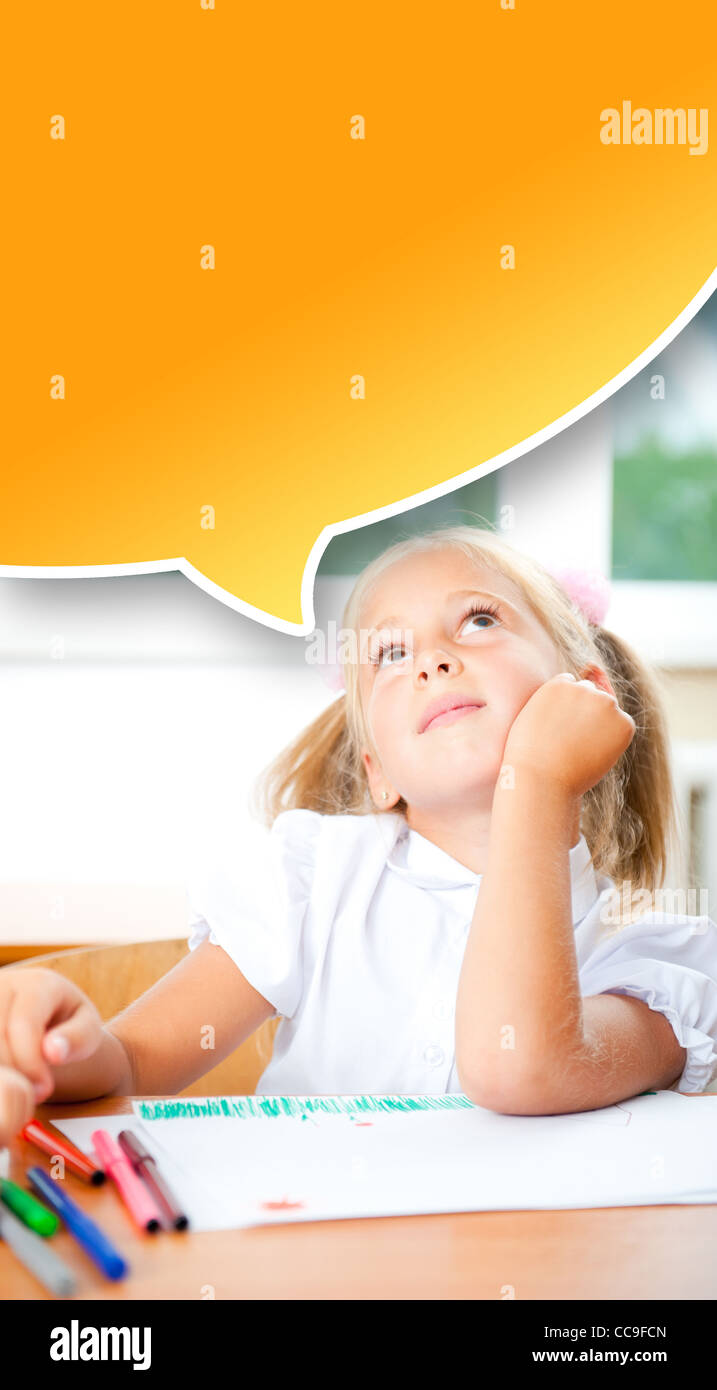 Little girl looking for a drawing concept wile painting picture on ...