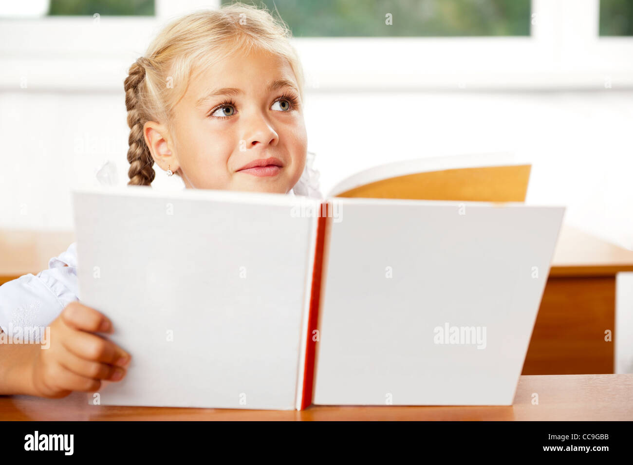Image of smart child reading interesting book in classroom. Horizontal ...