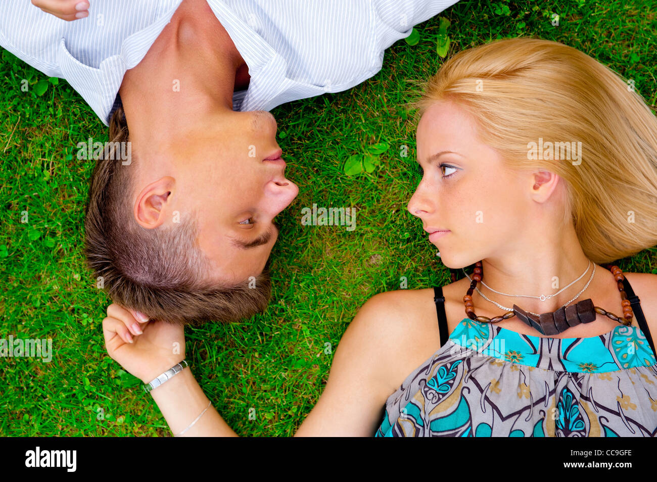 A Portrait of a sweet couple in love. Photo from above. Horizontal ...
