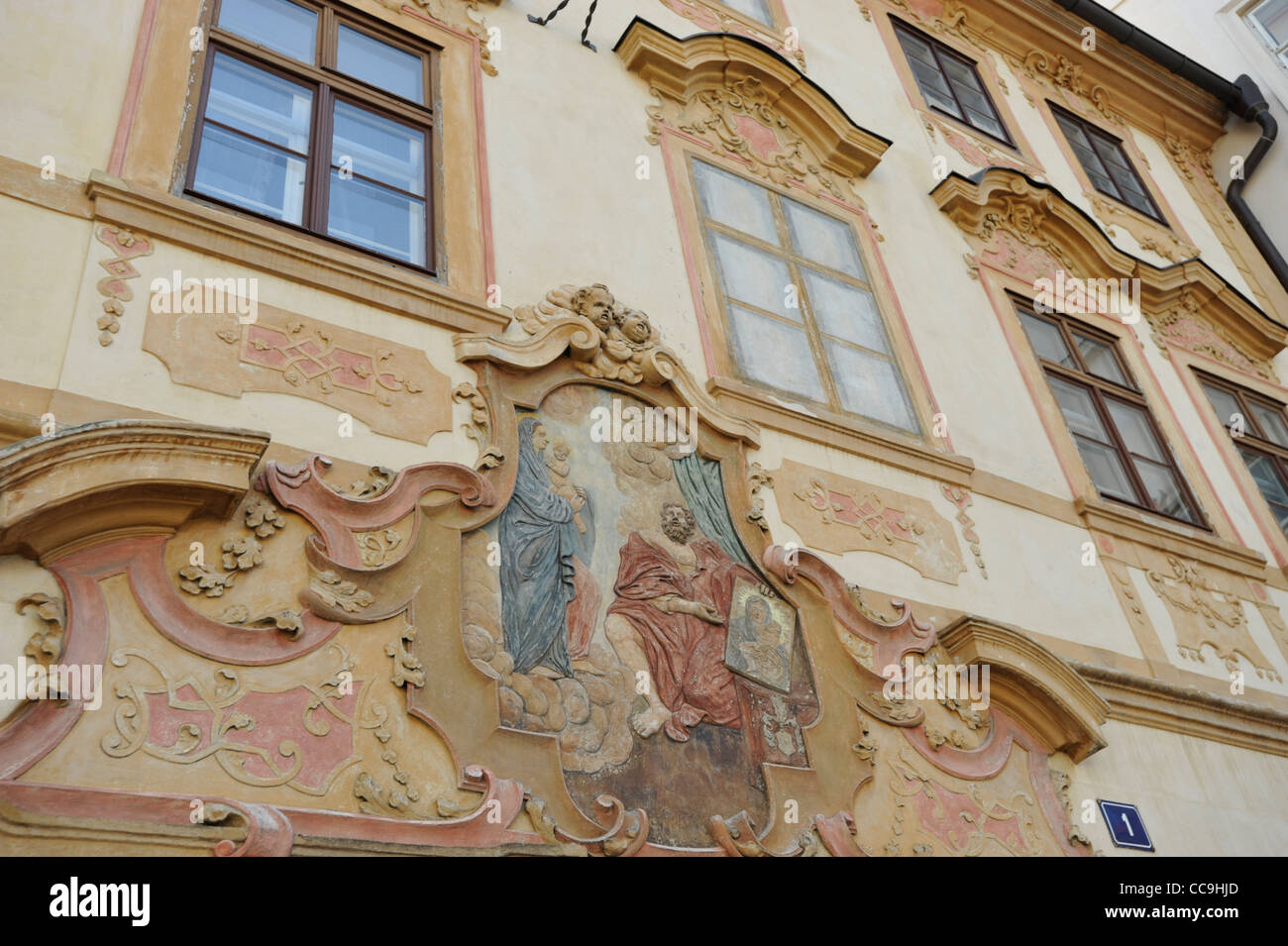 Ornate exterior decoration on a house in the Czech Republic of Prague ...