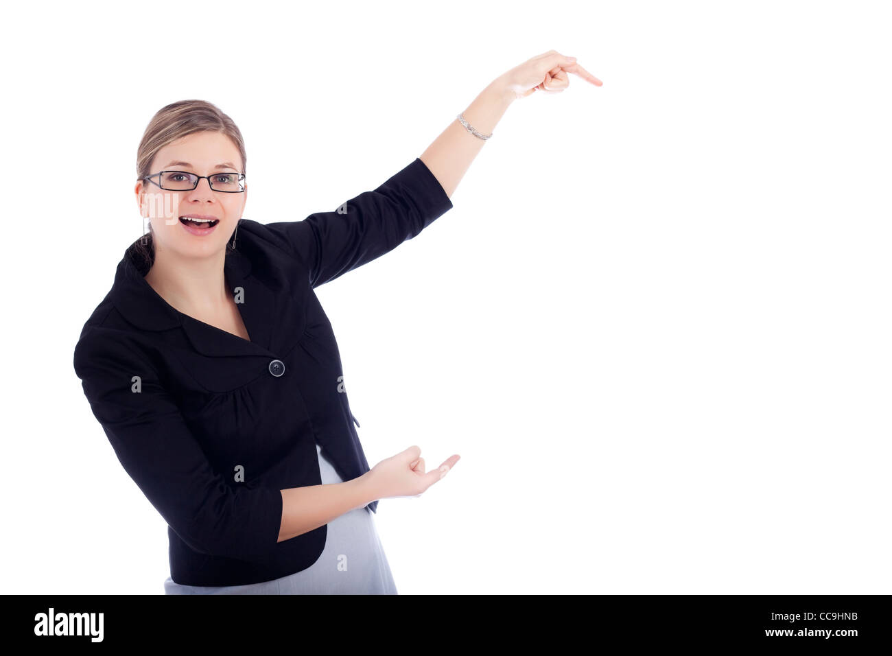 Happy business woman pointing, isolated on white background with large ...