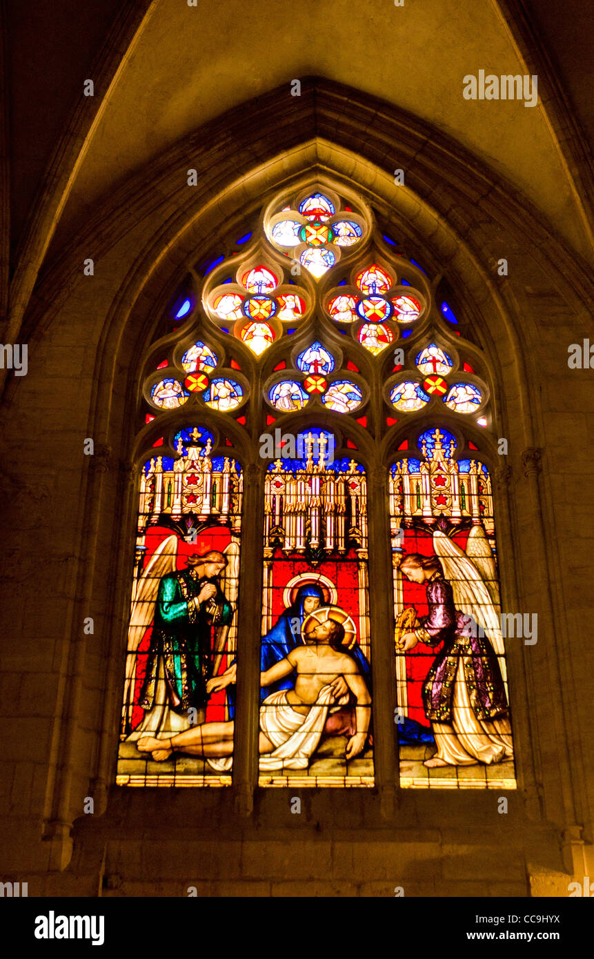 Stained glass window in Saint Jean Cathedral, old town Vieux Lyon ...