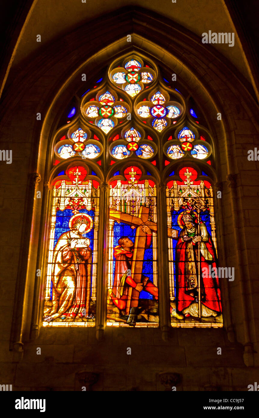 Stained glass window in Saint Jean Cathedral, old town Vieux Lyon ...