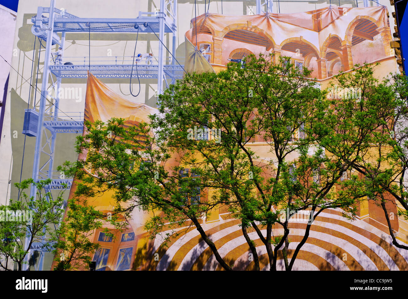 Mural and tree, Lyon, France (UNESCO World Heritage Site Stock Photo ...