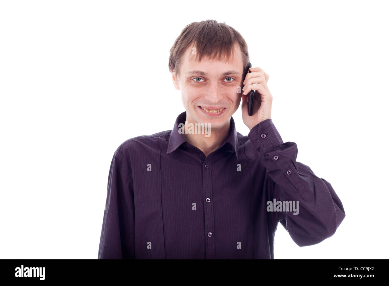 Happy weirdo man on the phone, isolated on white background Stock Photo ...